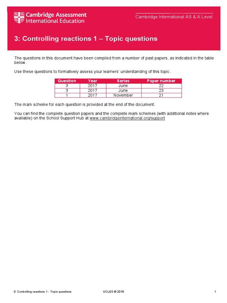 3: Controlling Reactions 1 - Topic Questions: Year Series Paper Number ...