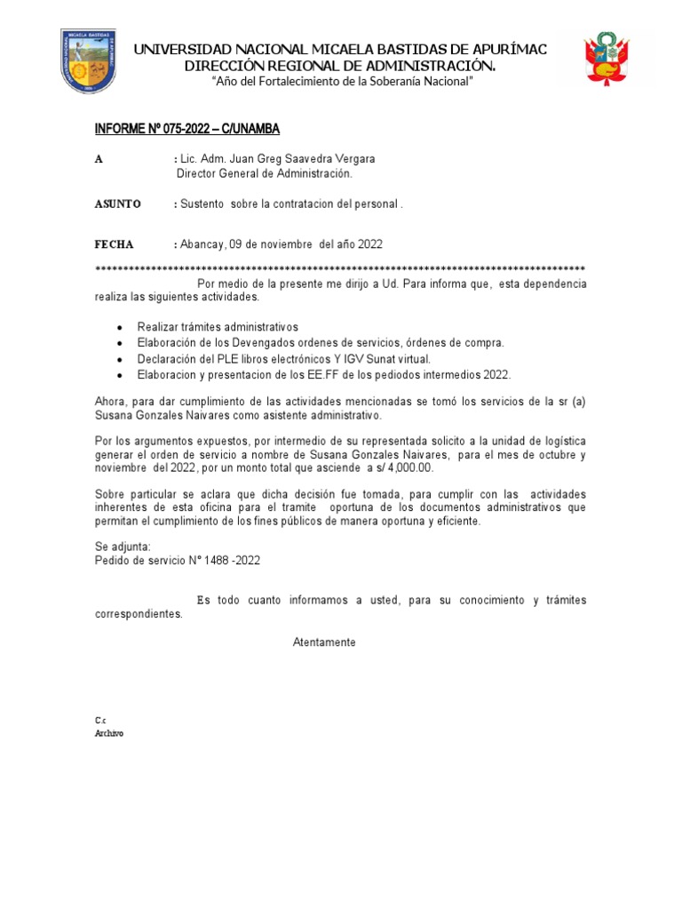 MODELO DE SUSTENTO PARA CONTRATACION PERSOoooooNAL | PDF