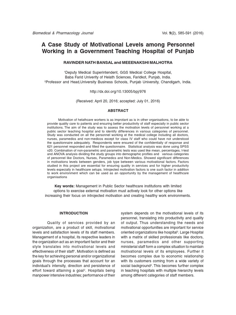 Motivation Levels in Punjab Teaching Hospital | PDF | Motivation ...