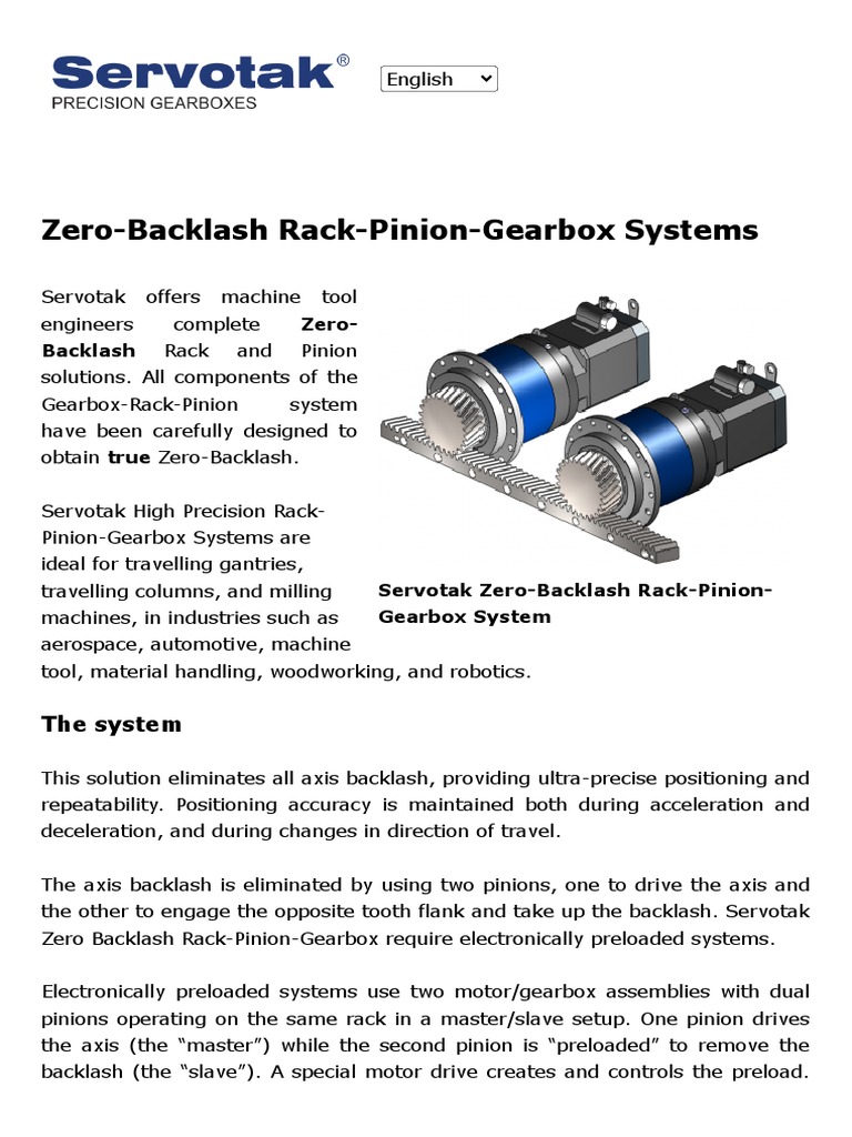 Zero-Backlash Rack-Pinion-Gearbox Systems - Servotak | PDF | Gear | Equipment