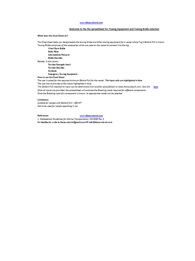 Towing Bridle Design Spreadsheet | PDF