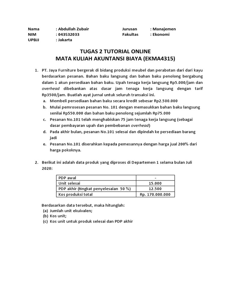 Tugs 2 Akuntansi Biaya | PDF