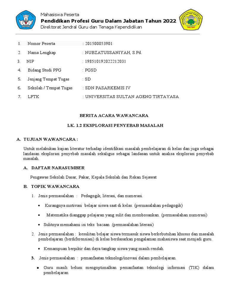 Berita Acara Wawancara Eksplorasi Penyebab Masalah (Contoh) | PDF