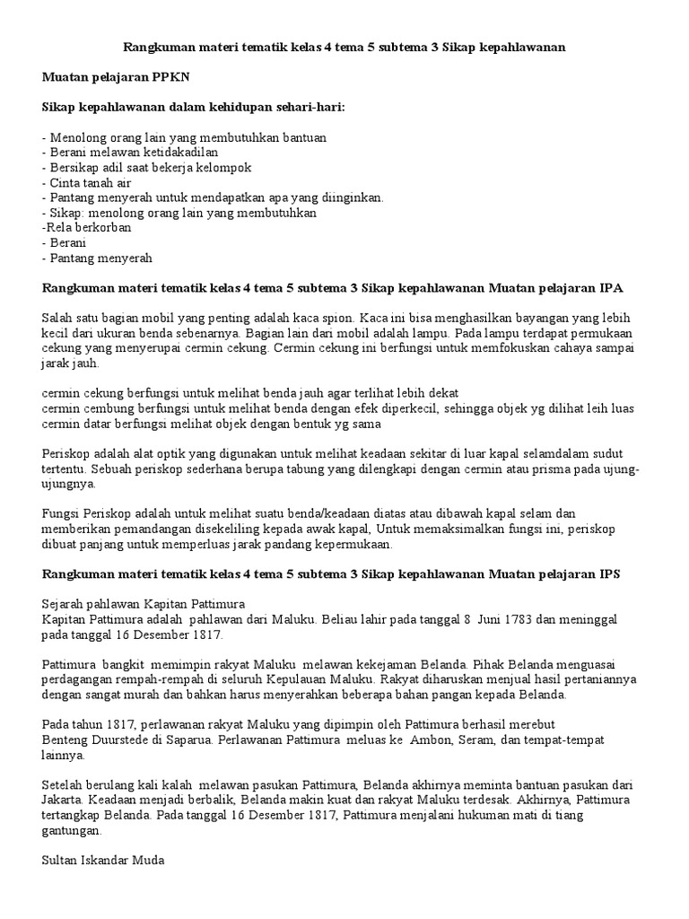 Rangkuman Materi Tematik Kelas 4 Tema 5 Subtema 3 Sikap Kepahlawanan | PDF