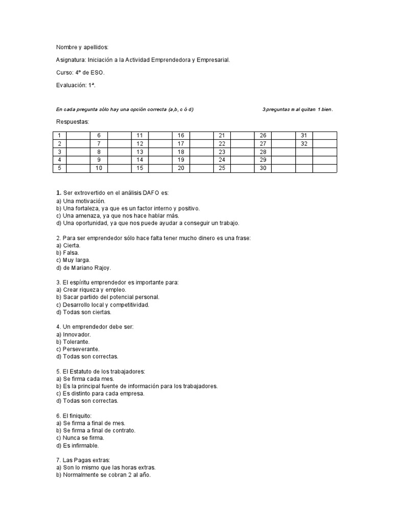 Ejemplo Examen 4o Eso Iae 1a Eval | PDF | Iniciativa empresarial | Jubilación