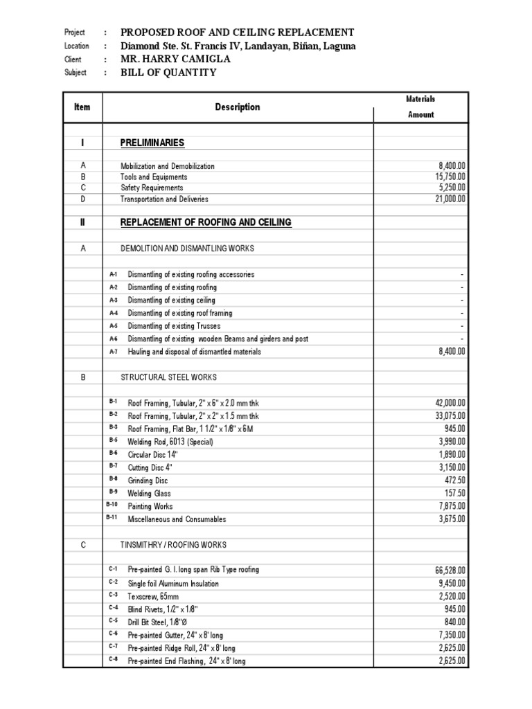 Roof and Ceiling Replacement Estimate | PDF | Materials | Industrial ...