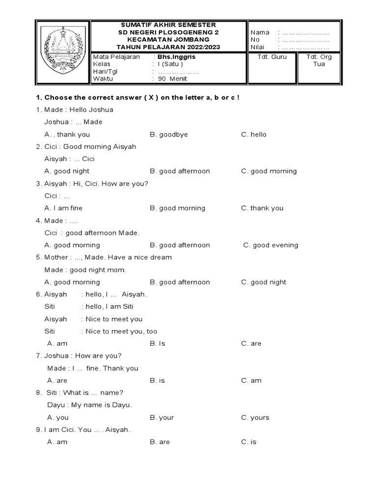 Soal Sas BHS Inggris KLS 1 SDN Plosogeneng 2 | PDF | Geometry | Polytopes