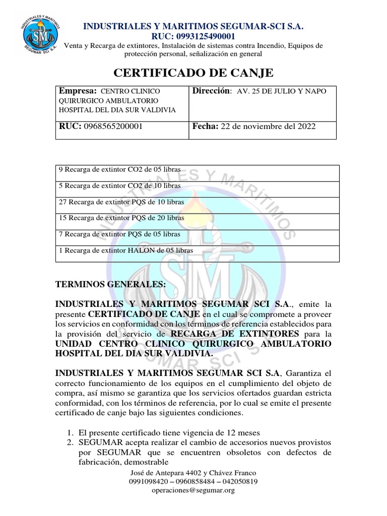Certificado de Canje de Extintores SEGUMAR | PDF