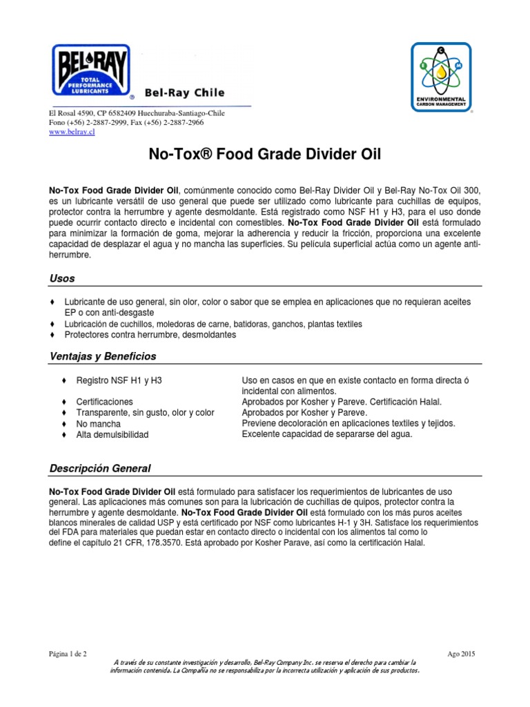 No-Tox Food Grade Divider Oil 15 - Español | PDF | Lubricante | Comida ...