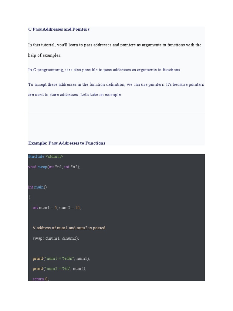 C Pass Addresses and Pointers | PDF | Pointer (Computer Programming ... C Pass Addresses and Pointers | PDF | Pointer (Computer Programming ...