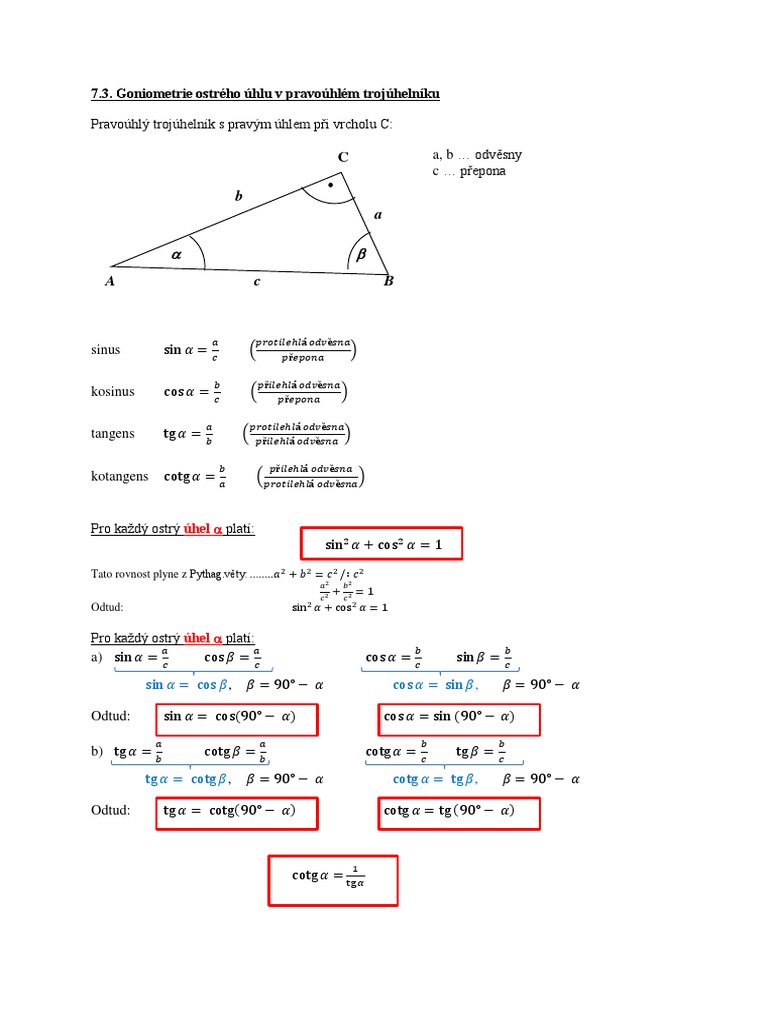 Goniometrie Ostreho Uhlu V Pravouhlem Trojuhelniku | PDF