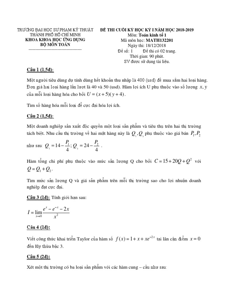 De Thi Toan Kinh Te 1 HK1 18-19 | PDF