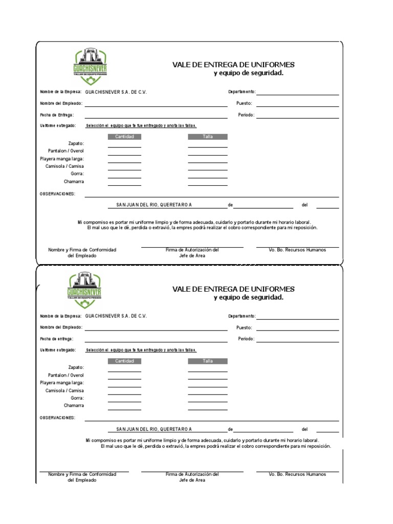 Formato De Entrega De Uniformes Pdf