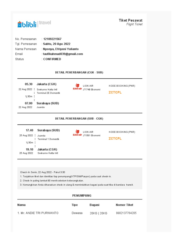 Blibli e Tiket Pesawat ZCTCPL CGK SUB CGK | PDF