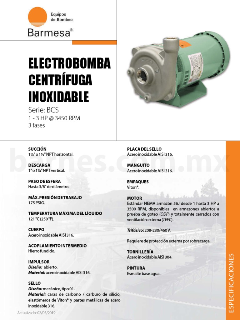 Ficha Tecnica de Bombas Centrifugas en Acero Inoxidable Barnes de Las ... Ficha Tecnica de Bombas Centrifugas en Acero Inoxidable Barnes de Las ...