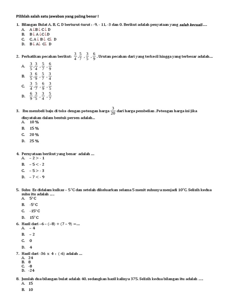 Soal Matematika Kelas 7 | PDF