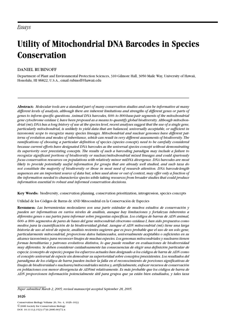 Conservation Biology - 2006 - RUBINOFF - Utility of Mitochondrial DNA Barcodes in Species ...