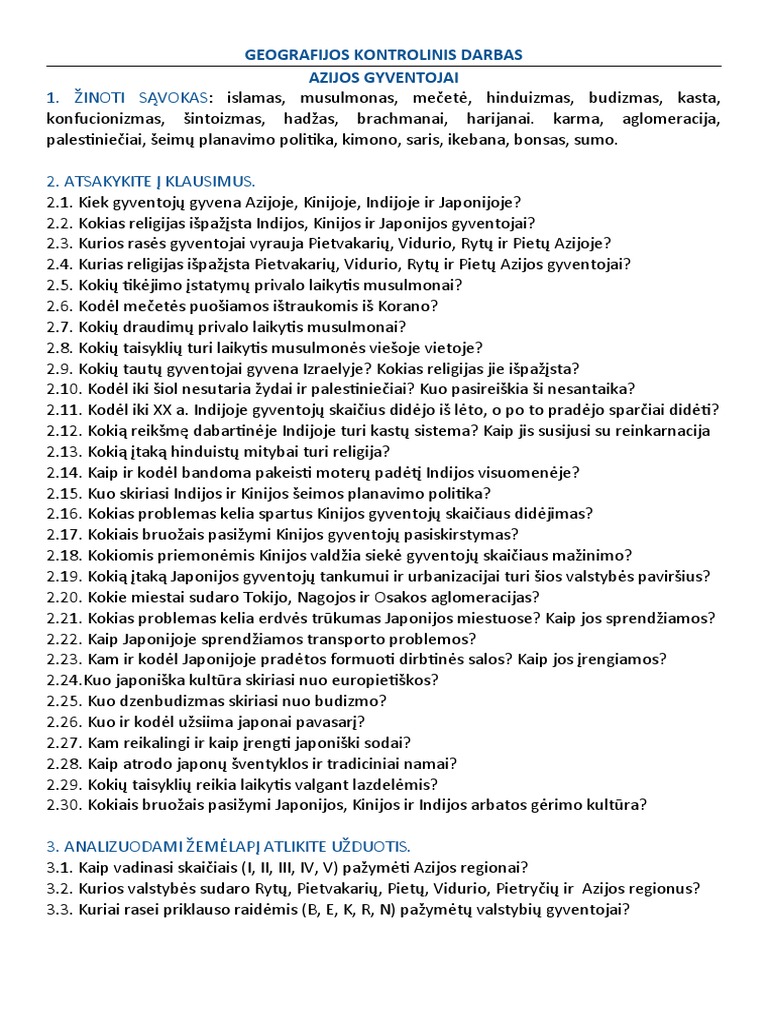 Žinoti Sąvokas: Geografijos Kontrolinis Darbas Azijos Gyventojai | PDF