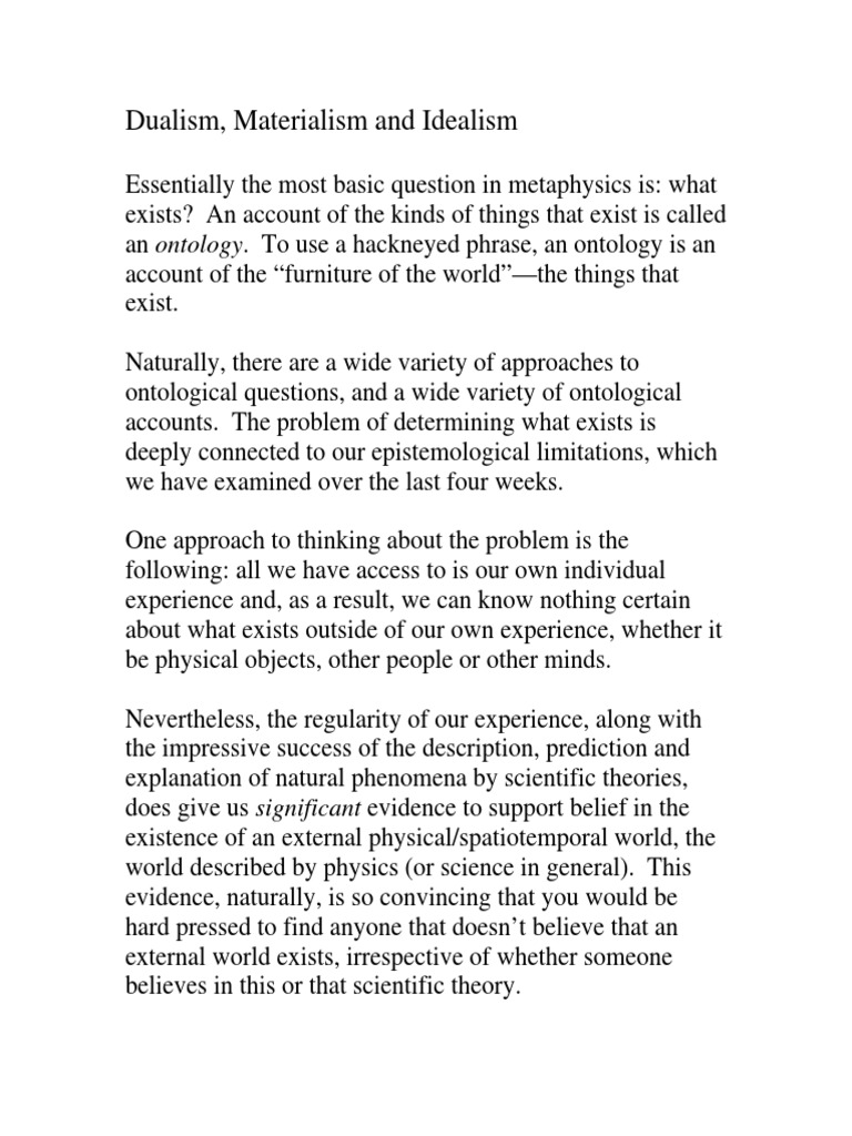 An Analysis of the Main Perspectives in Ontology: Dualism, Materialism, and Idealism | PDF ...