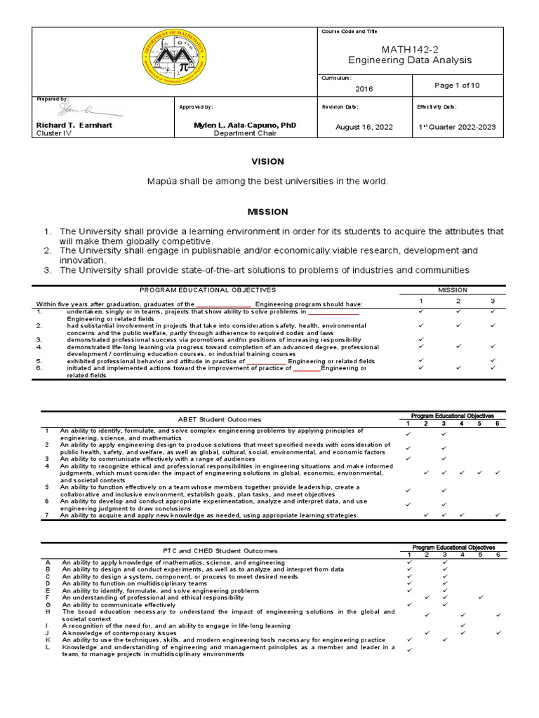 MATH142-1 AY 2022-2023 Syllabus | PDF | Statistics | Engineering