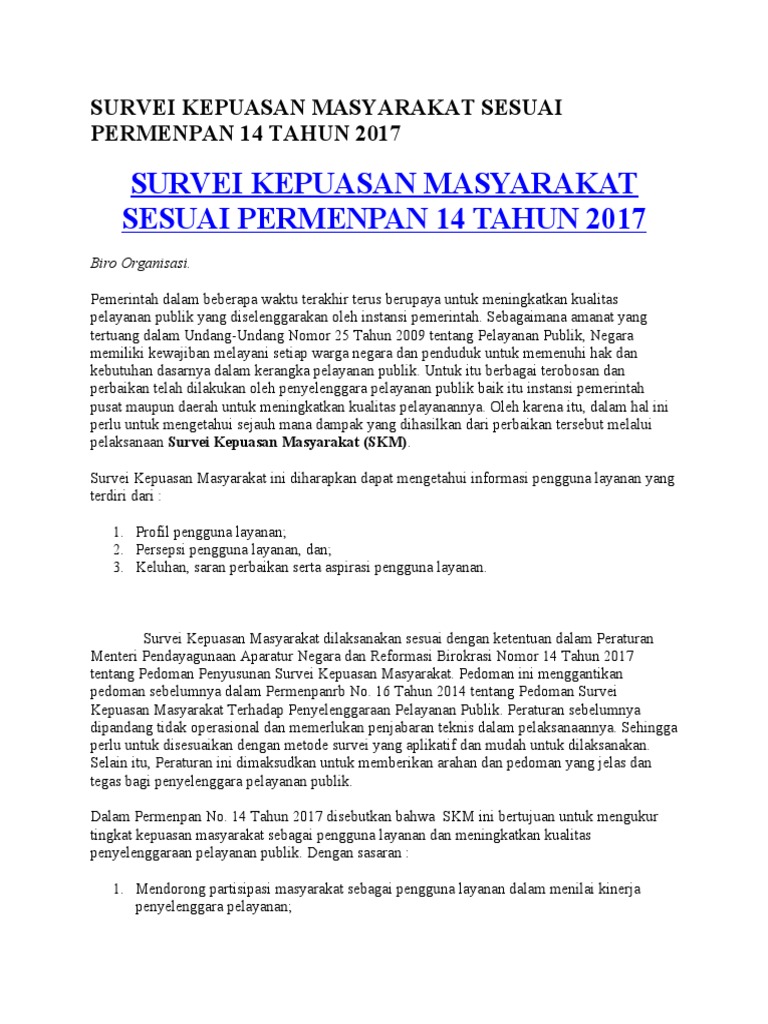 Survei Kepuasan Masyarakat Sesuai Permenpan 14 Tahun 2017 | PDF