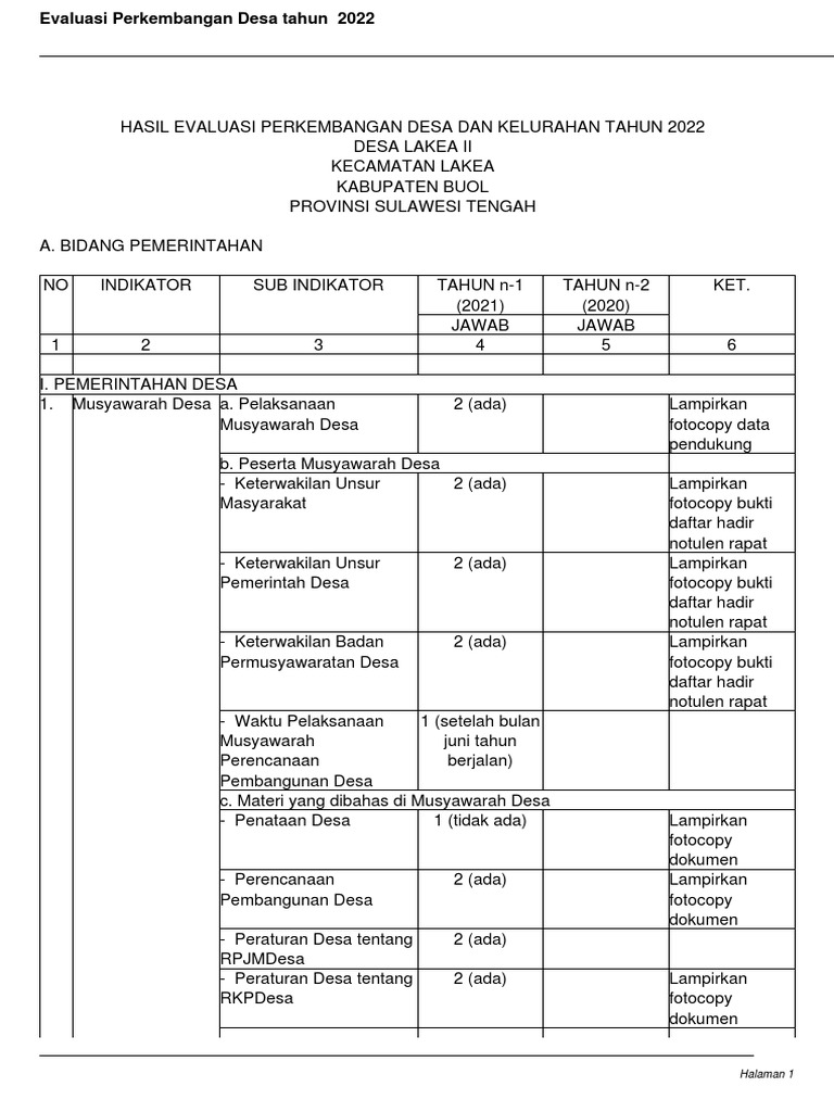Format Evaluasi Perkembangan Desa | PDF