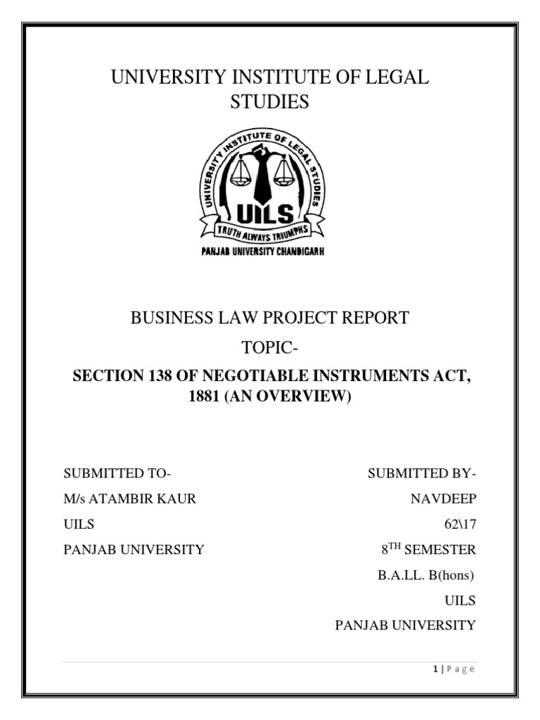 Section 138 overview: Business law project report on dishonored cheque ...