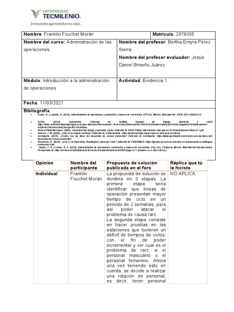 Evidencia 1 Administracion de Las Operaciones | PDF | Calidad (comercial) | Planificación