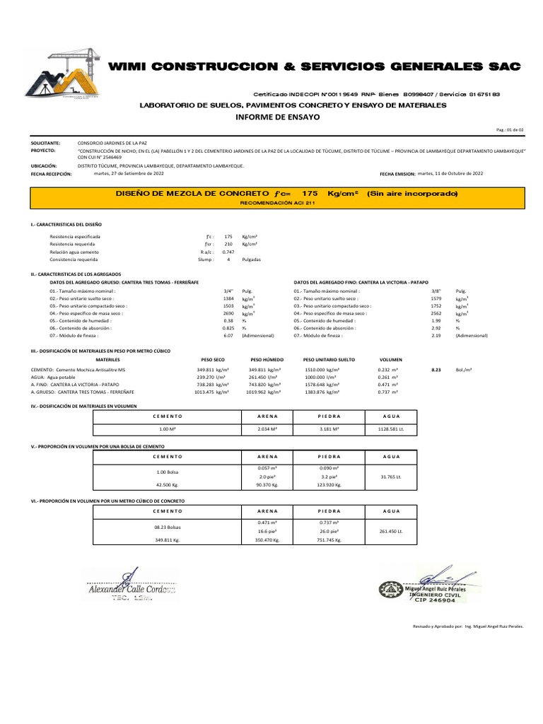 Diseño de Concreto 175kg - cm2. - Completo | PDF | Hormigón | Cemento