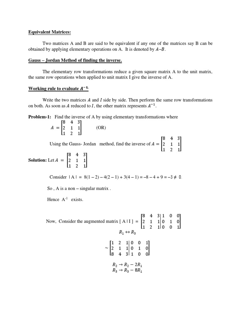 Elementary Transformations of A Matrix and Gauss Jordan Method To Find ... Elementary Transformations of A Matrix and Gauss Jordan Method To Find ...