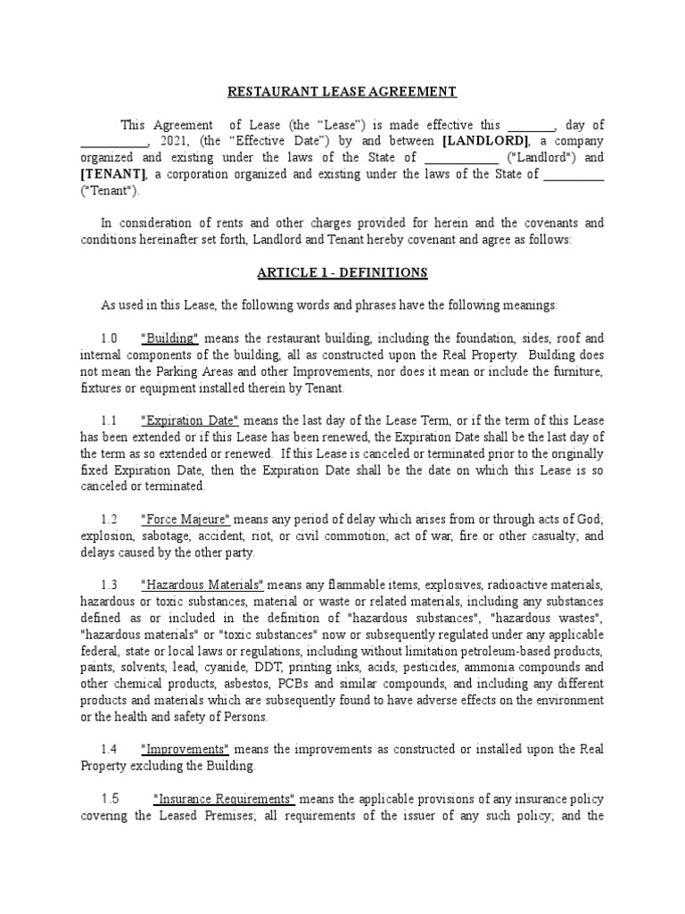 PDF Template Restaurant Lease Contract Template | PDF