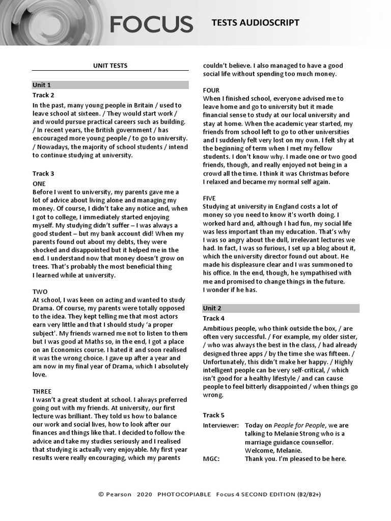 Focus4 2E Testing Programme Audioscript | PDF