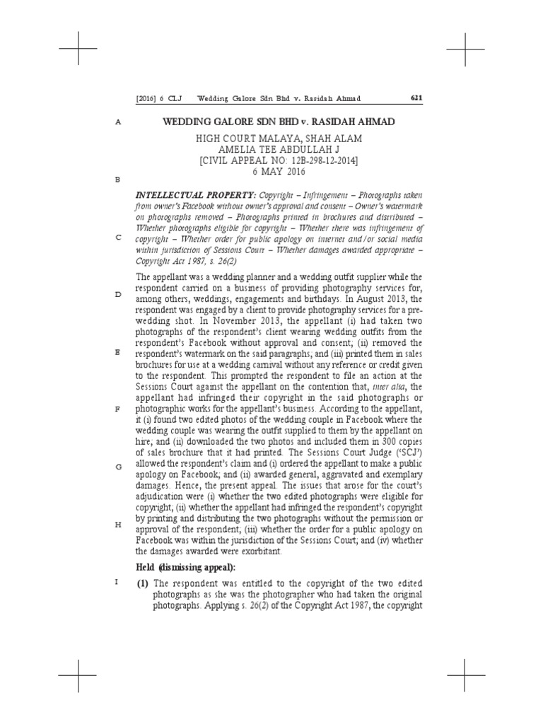Wedding Galore V Rasidah Ahmad Full Case Report | PDF | Damages | Copyright