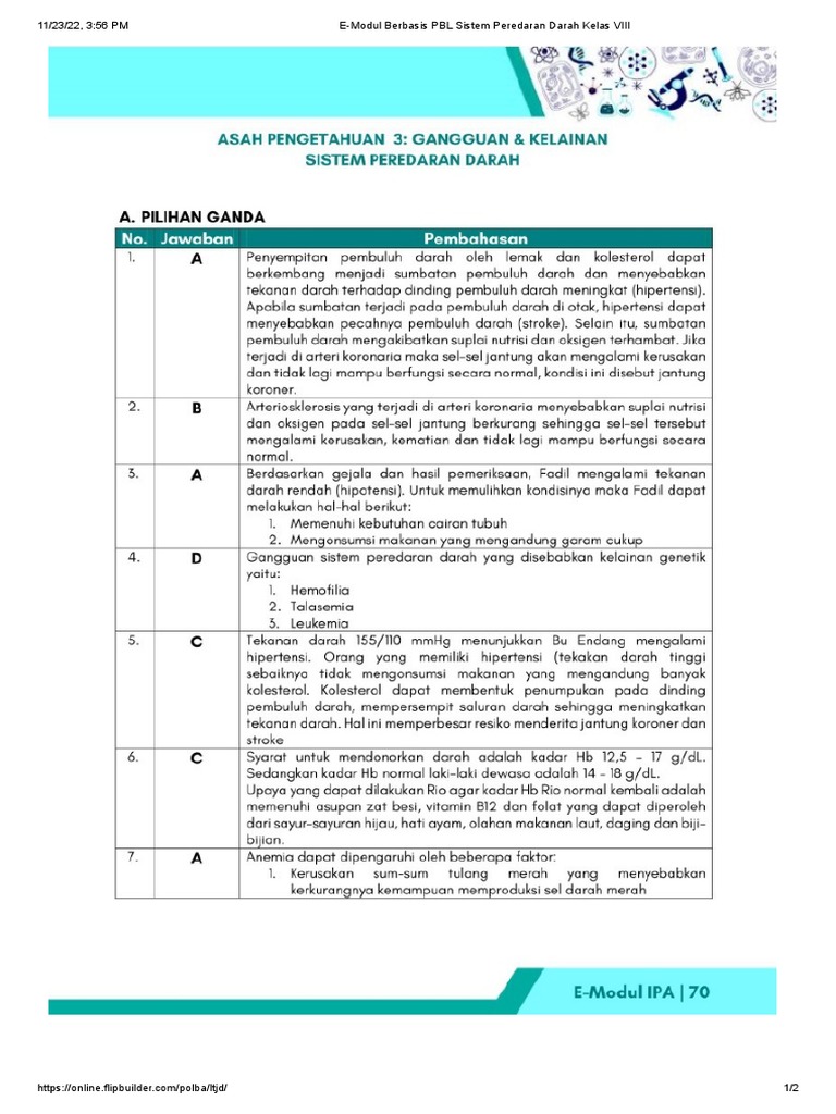 E-Modul Berbasis PBL Sistem Peredaran Darah Kelas VIII Bahas Soal ...