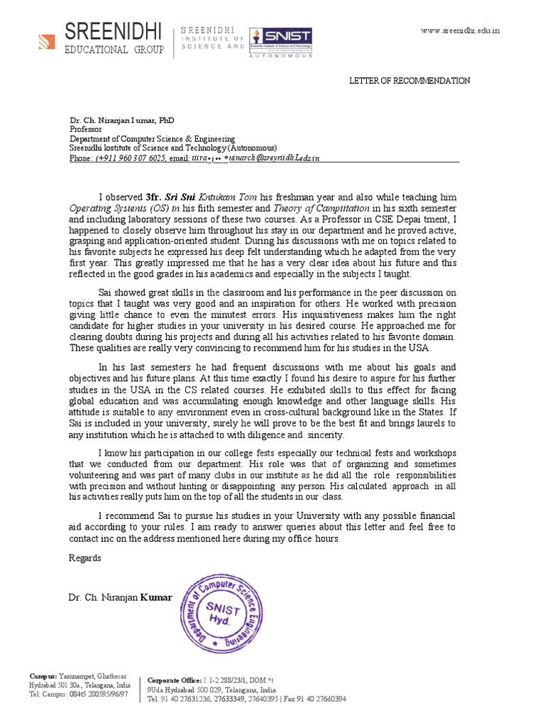 Letter of Recommendation for Sri Sai Katukam: Strongly Recommending Him ...