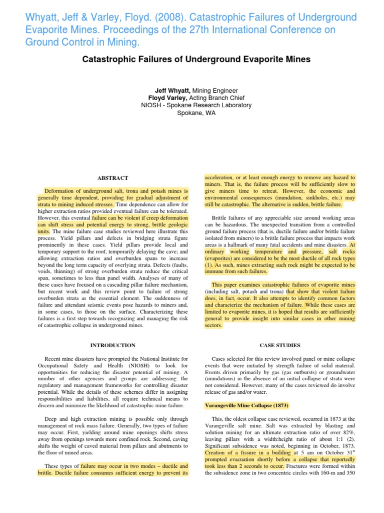 Catastrophic Failures of Underground Evaporite Mines | PDF