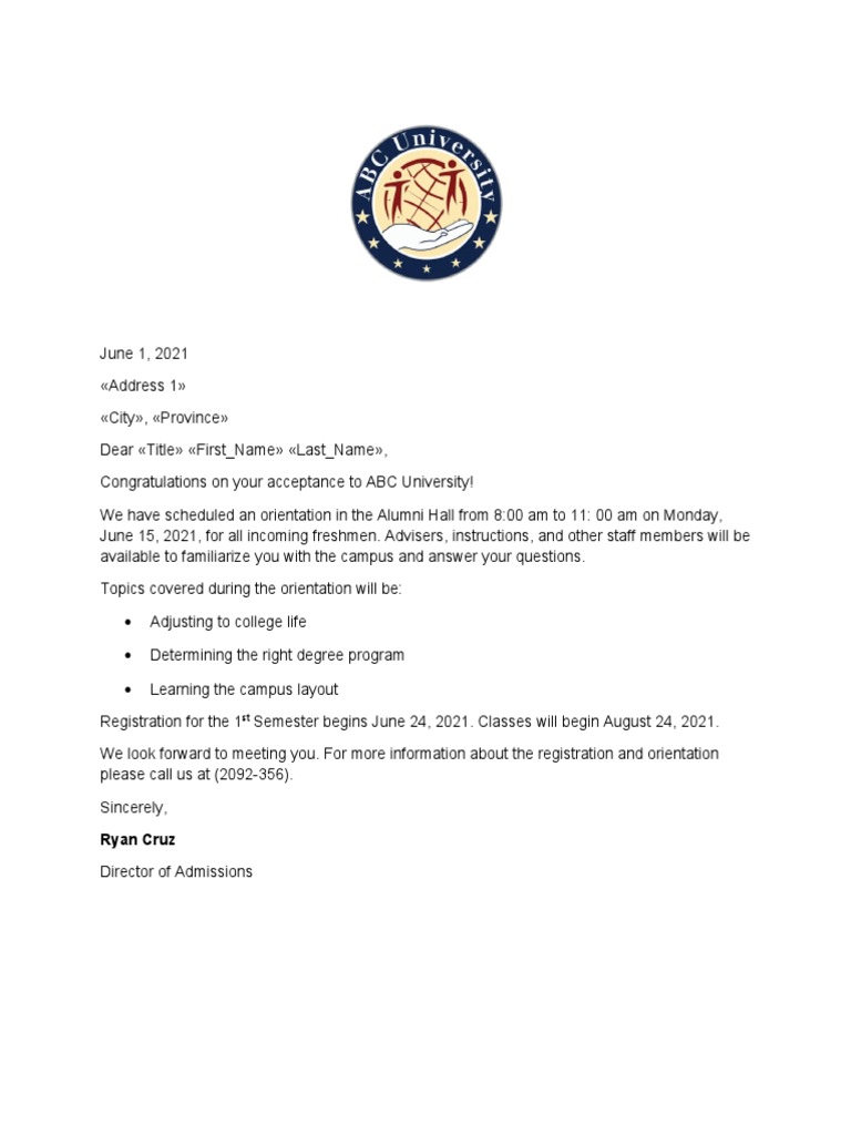 Orientation Letter | PDF