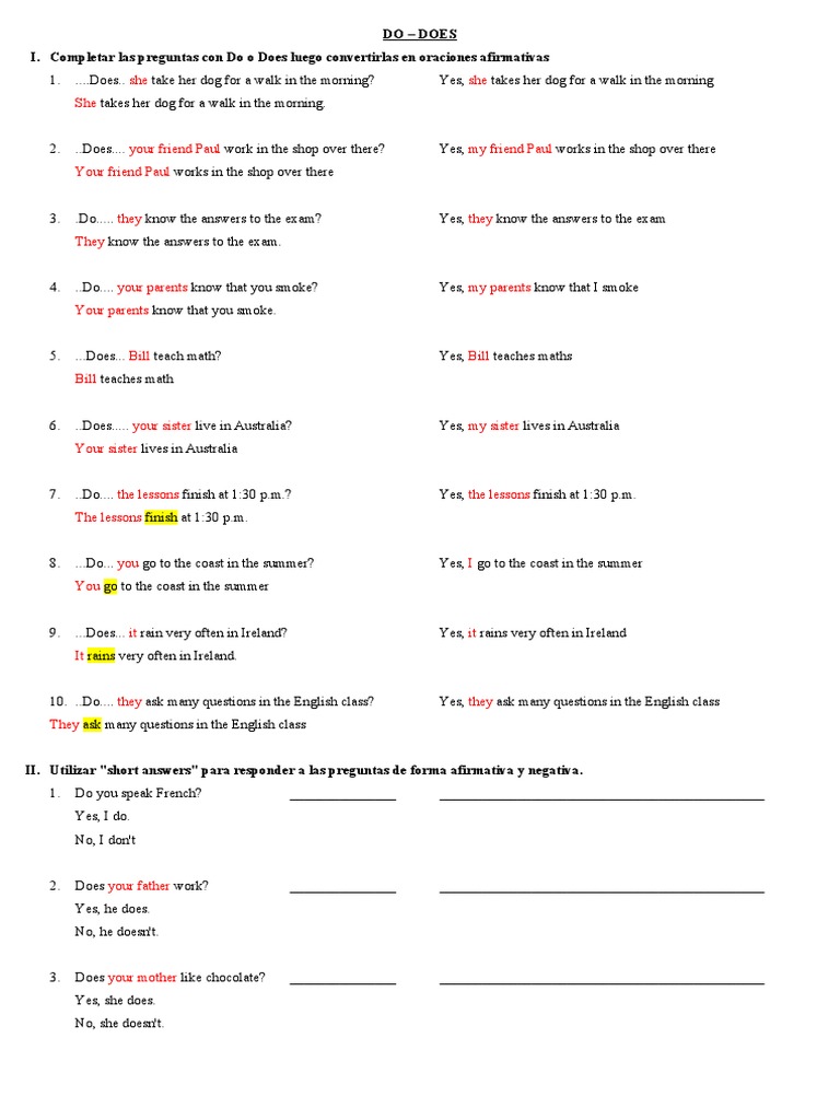 10 Do Does Quest Exercises | PDF