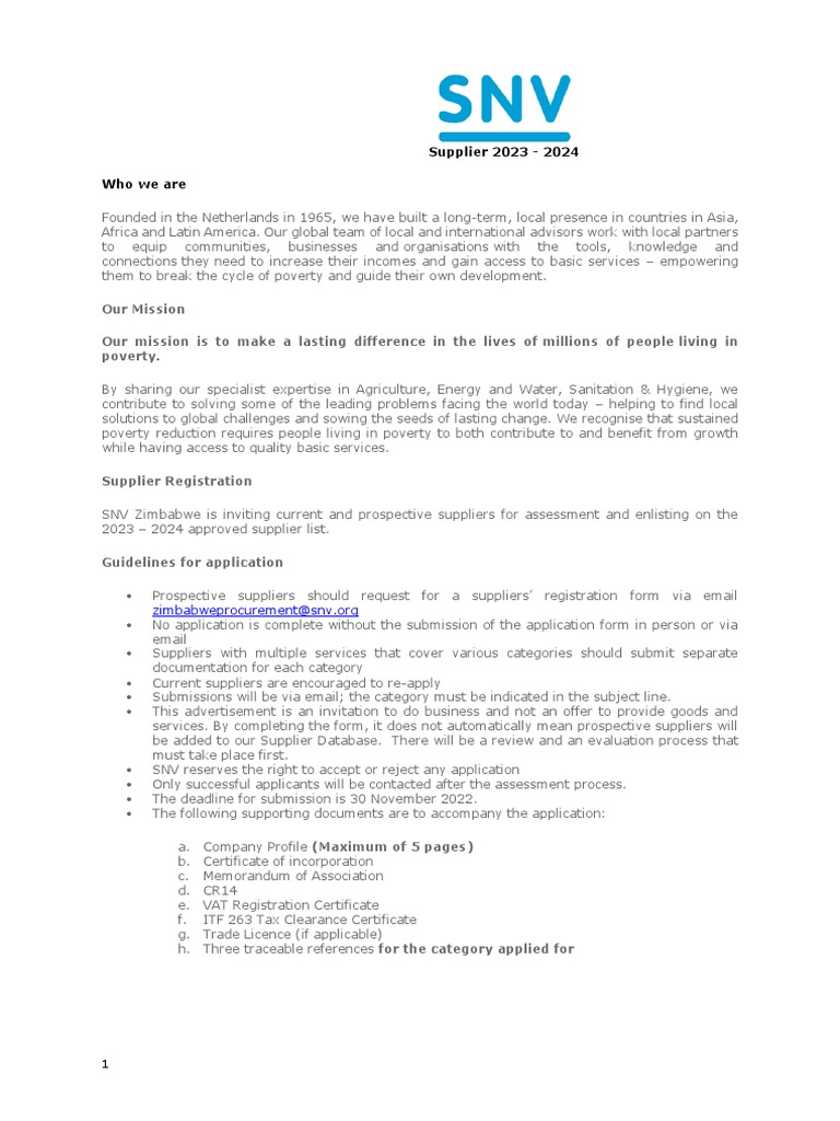 SNV Zimbabwe Supplier Registration 2023-2024 | PDF