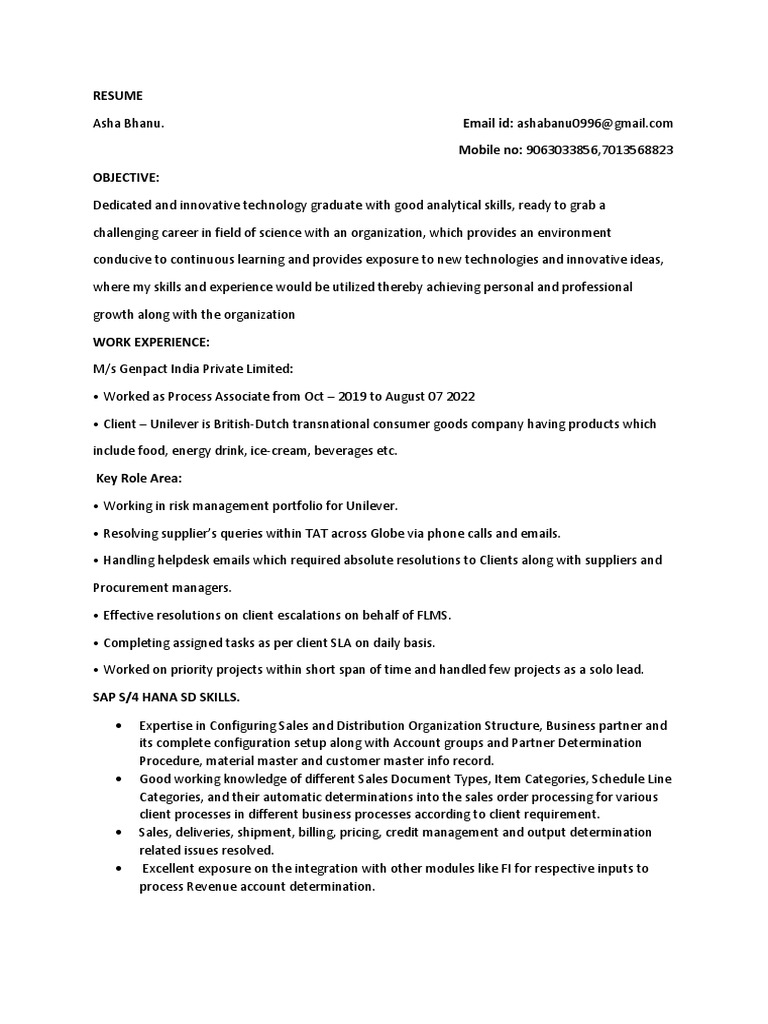 Asha GS Resume | PDF | Sales | Business