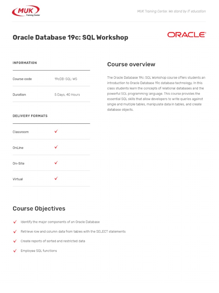 Oracle Database 19c - SQL Workshop | PDF