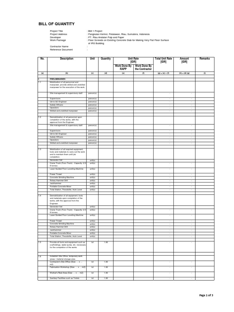 001 BOQ of Floor Screeds On Existing Concrete Slab For Making Very Flat ...