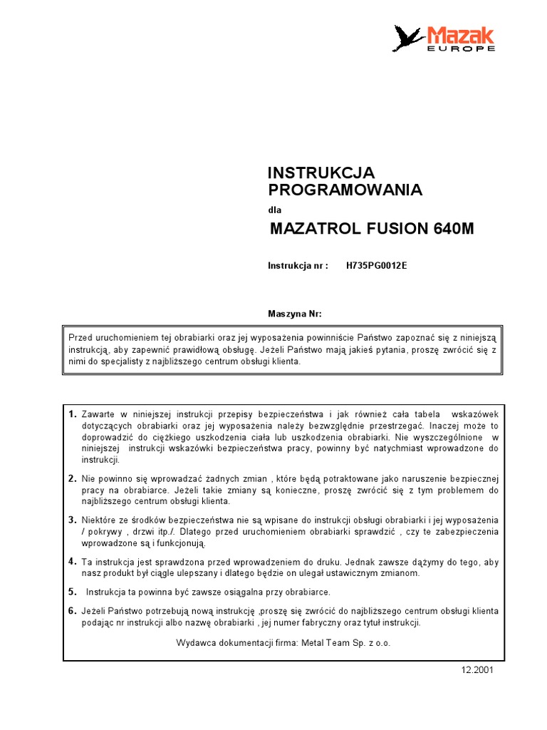 Instrukcja Programowania MAZATROL MF 640 | PDF