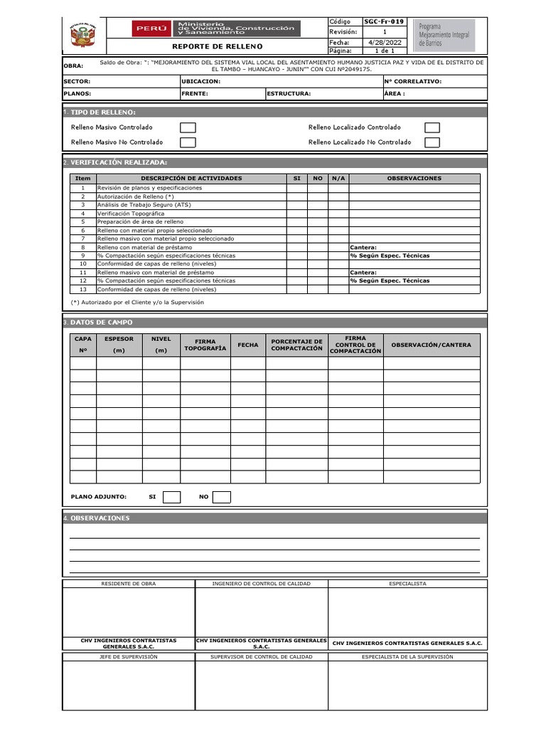 SGC-Fr-019 Reporte de Relleno | PDF