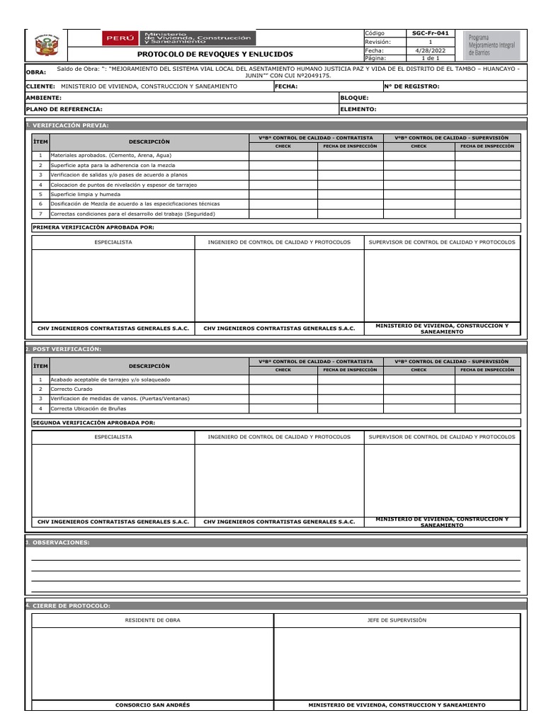 SGC-Fr-041 Protocolo de Revoques y Enlucidos | PDF