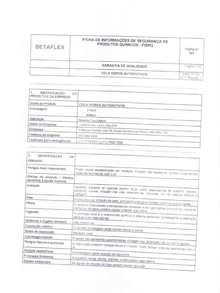 FISPQ - BETAFLEX Cola Parabrisa | PDF