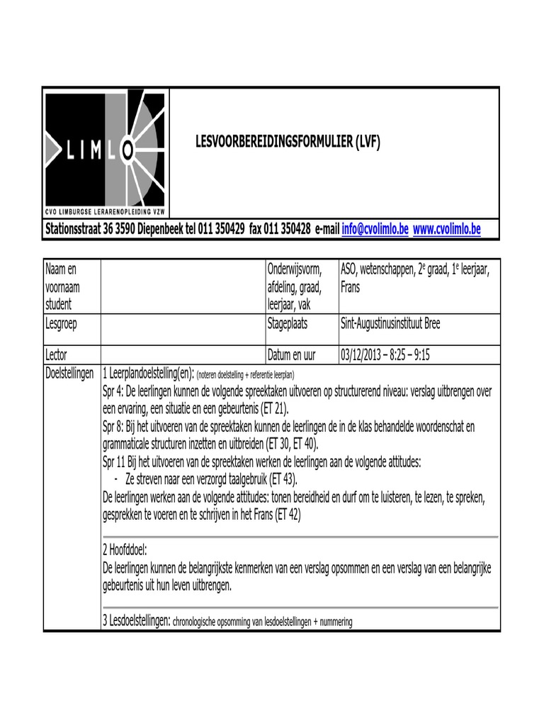 Lesvoorbereidingsformulier (LVF) | PDF