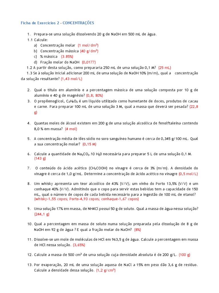 Exercícios sobre Concentração Mássica | PDF