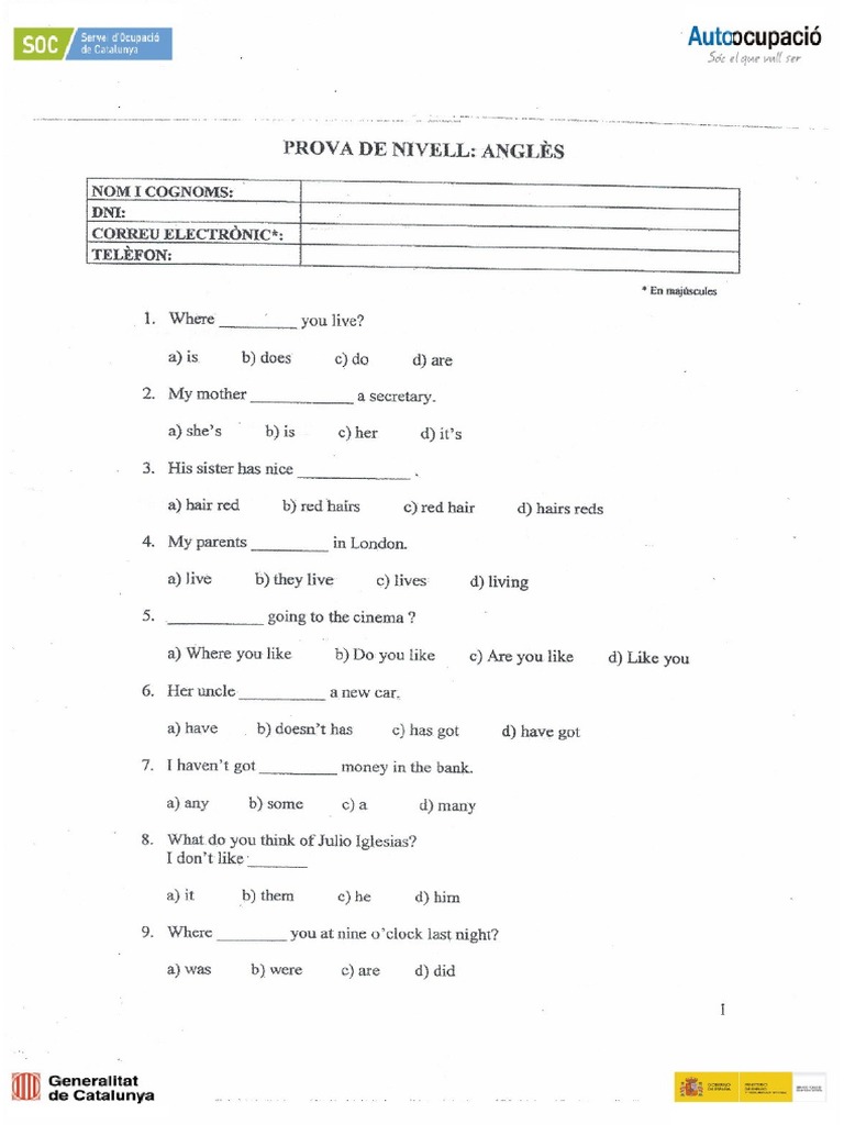 Prova Nivell Anglès DESOCUPATS - Tots Els Nivells | PDF