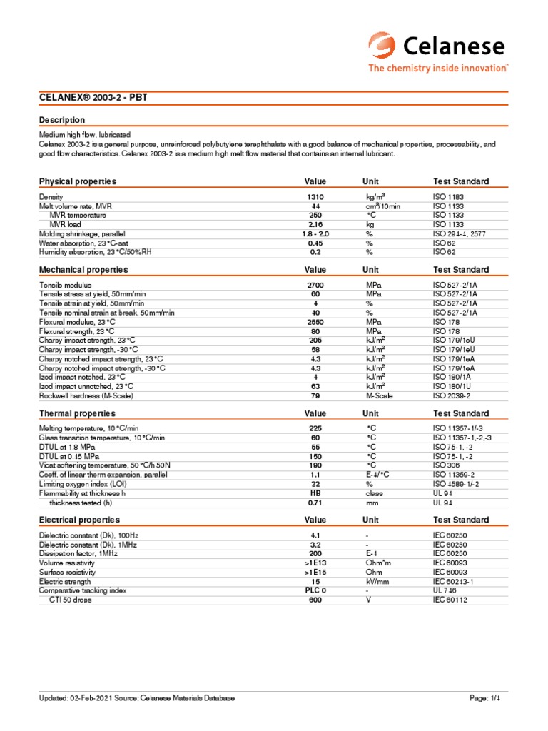 R42000249GKF - Celanex 2003 - PBT - TDS | PDF | Strength Of Materials ...